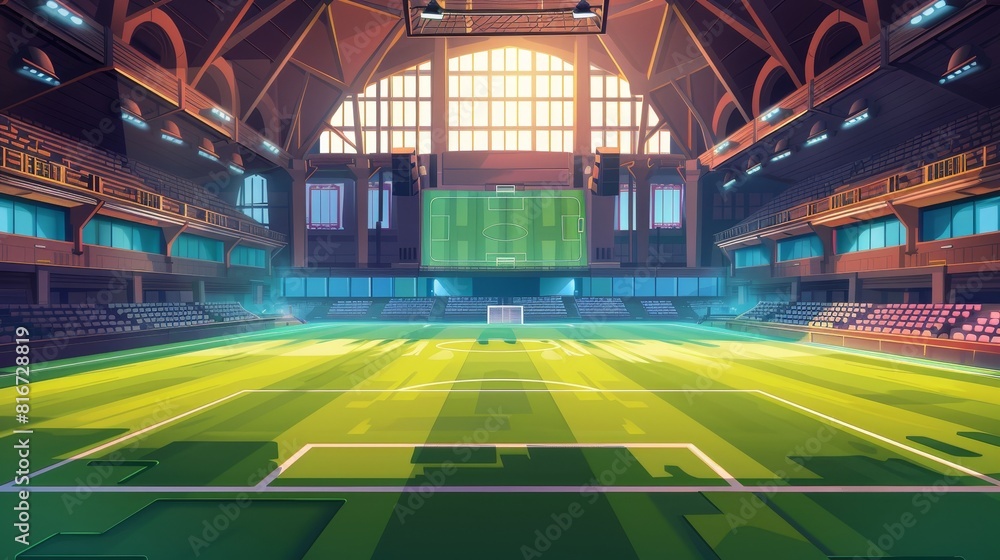 Sports arena for team games with gates, marked floor, scoreboard and ...