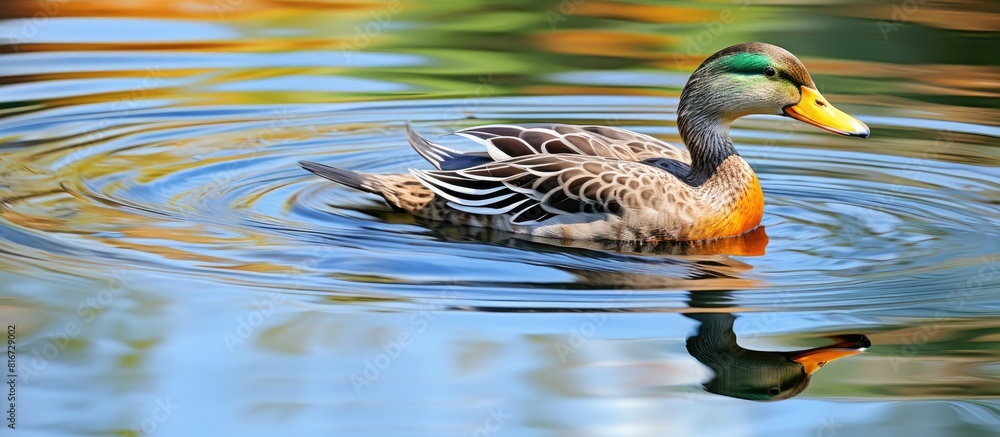 A wild duck gracefully glides through the tranquil waters of the serene ...