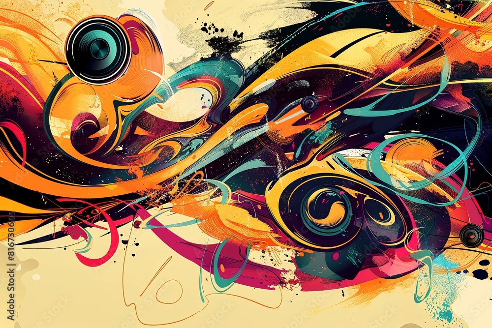 wild, colorful explosion of swirling shapes and patterns depicting the energetic and frenetic ...