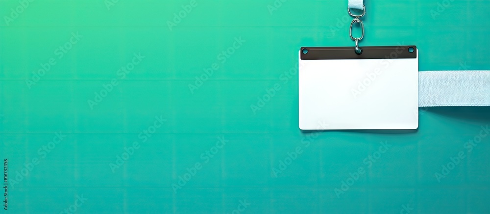 Top view of a green background displaying an empty white ID card badge ...