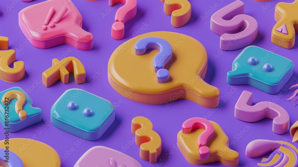 There are speech bubbles with question marks, chat messages icons, FAQ ...