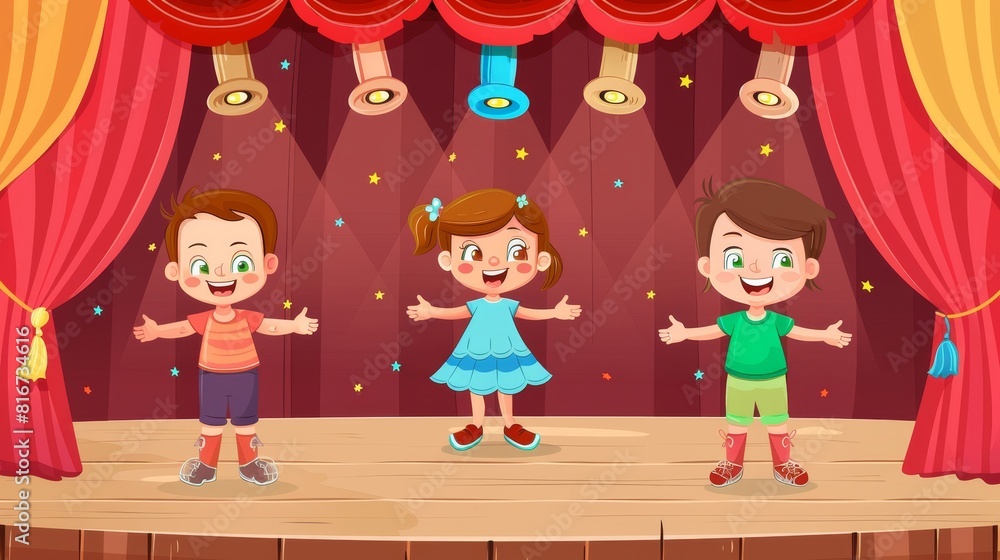 A graphic illustration of cute young actors playing on a stage in a ...
