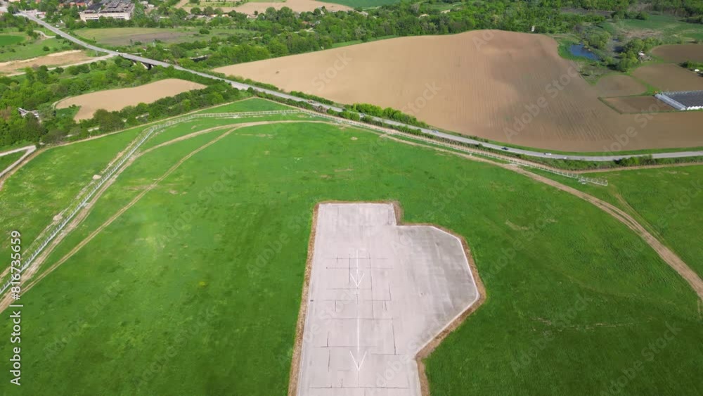 Aerial footage of rural airport runway taxiway and ramp. Airfield ...