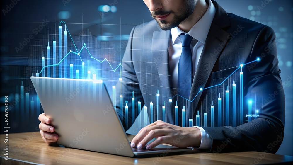 Businessman working with modern computer virtual dashboard analyzing finance sales data and ...