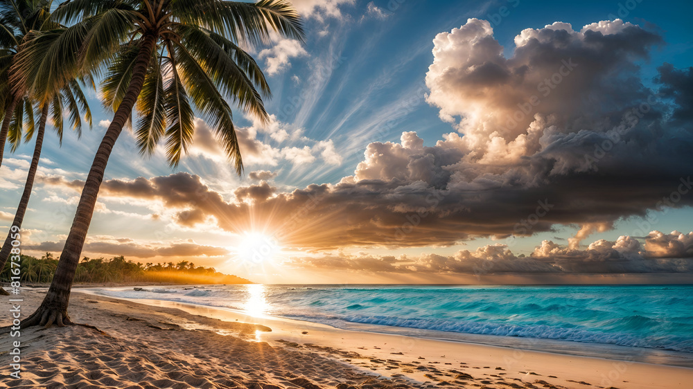 A tropical beach landscape at sunset. Palm trees on a sandy tropical ...