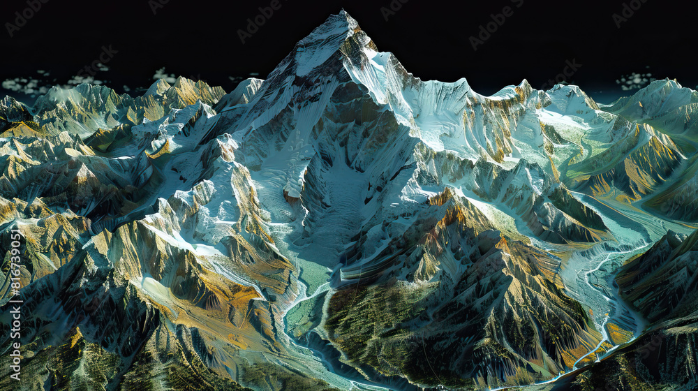 Technical visual illustration, mountain 3D LiDAR GIS aerial map K2 and ...