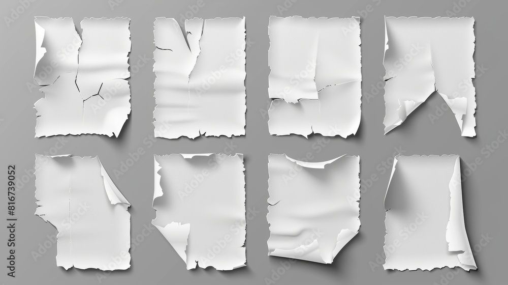 A realistic set of torn paper sheets isolated on a grey background ...