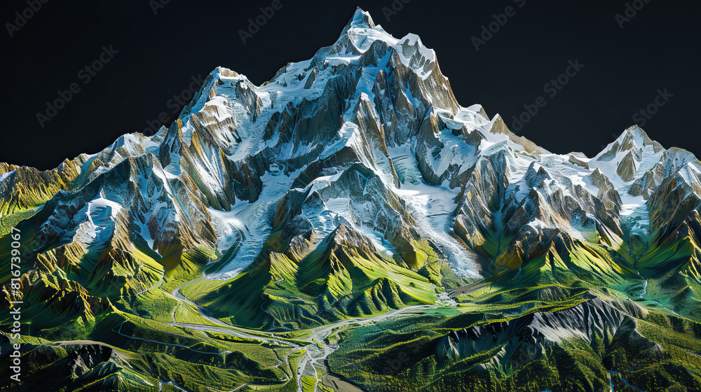 Technical visual illustration, mountain 3D LiDAR GIS aerial map K2 and ...