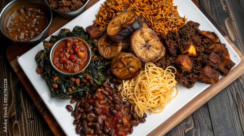Authentic african food spread displayed on a plate, featuring jollof ...