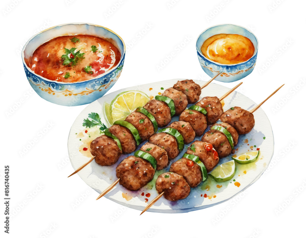 Watercolor illustration of meat dish, soup and sauce isolated on ...