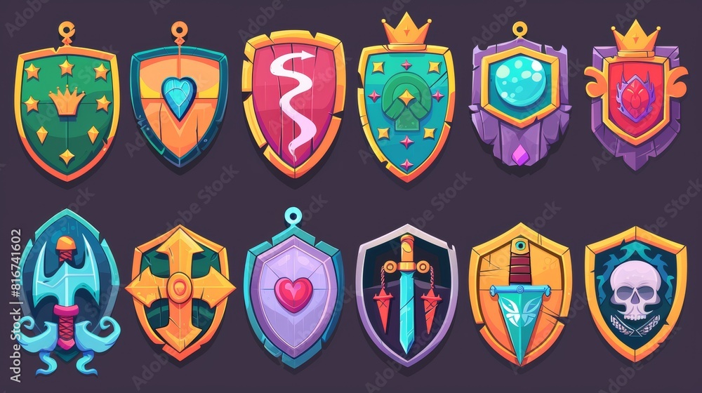 A set of fantasy game shields isolated on a white background ...