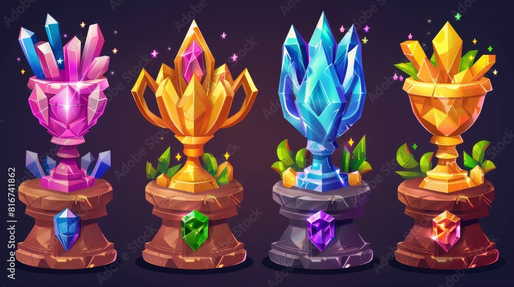 A set of trophy cups filled with diamond crystals isolated on a gold ...