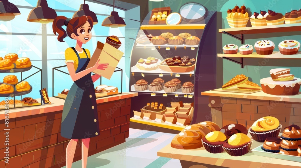 Saleswoman packing fresh bread for bakery shop customer. Modern cartoon ...
