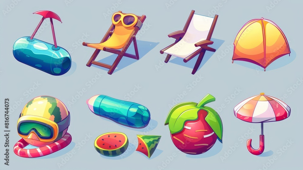 Typical summer leisure items of a beach or pool, a tube of sunscreen ...