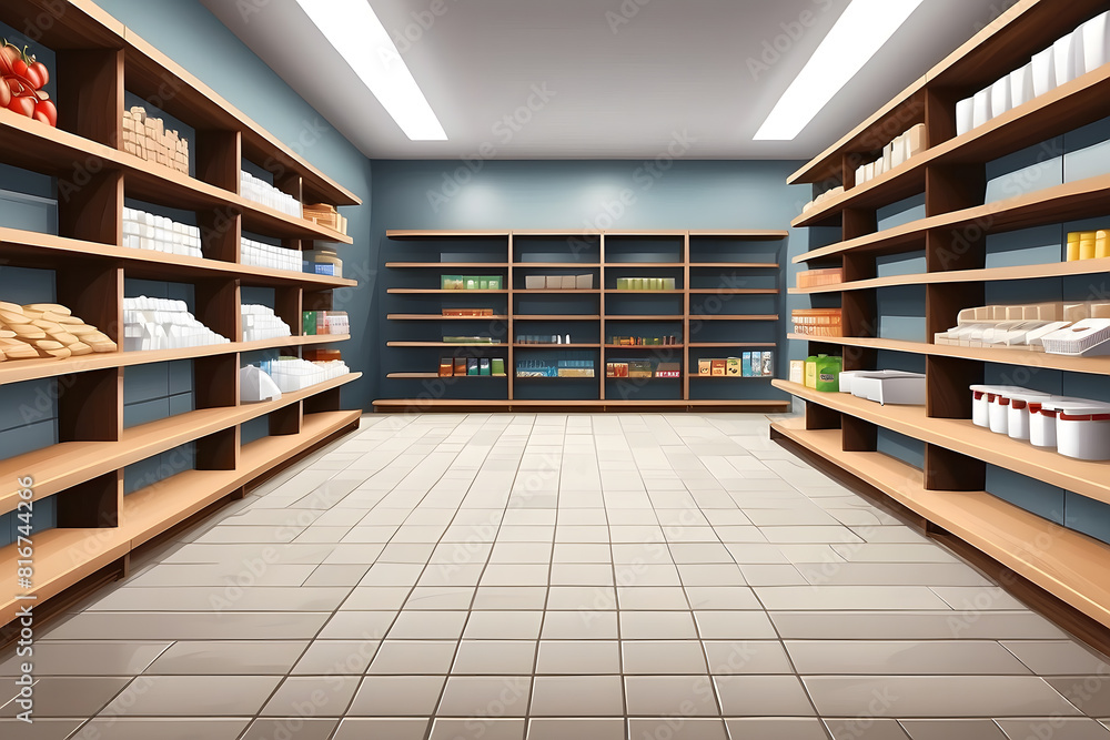 Grocery store, clothing shop, marker or supermarket long, wooden rack ...