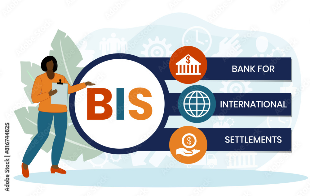BIS, BANK FOR INTERNATIONAL SETTLEMENTS. Concept with keyword and icons ...