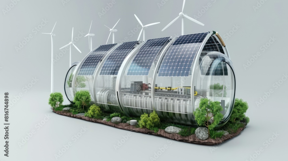 isometric concept of Modern energy storage battery systems, wind power ...