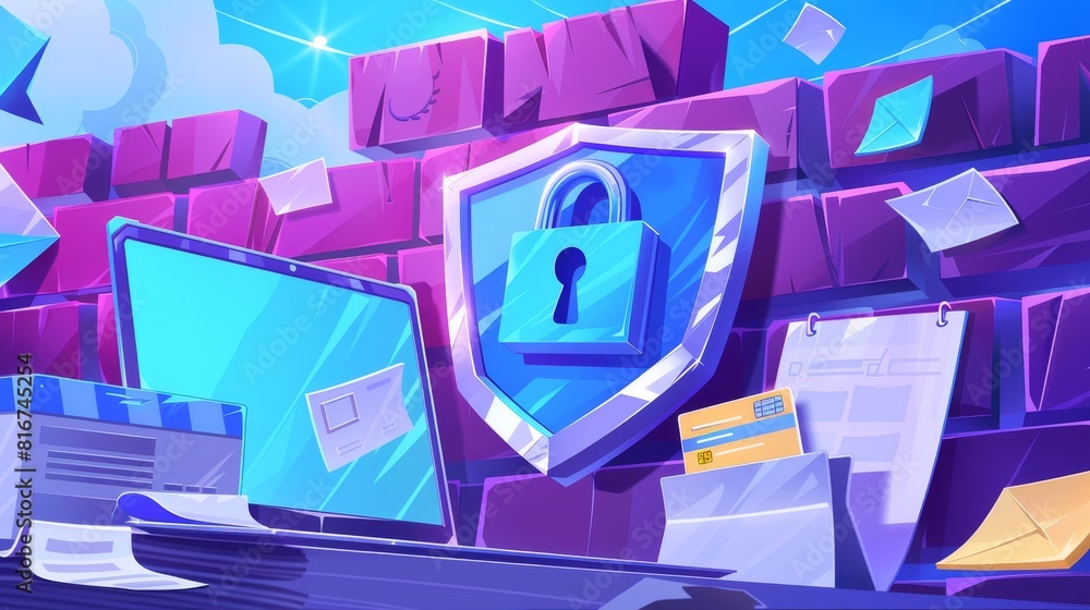 Cartoon banner template illustrating a laptop, shield lock, credit card ...