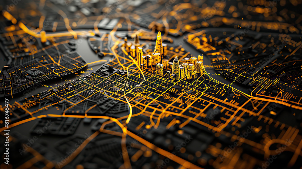 Technical visual, 3D LiDAR GIS aerial map scan isolated against black ...