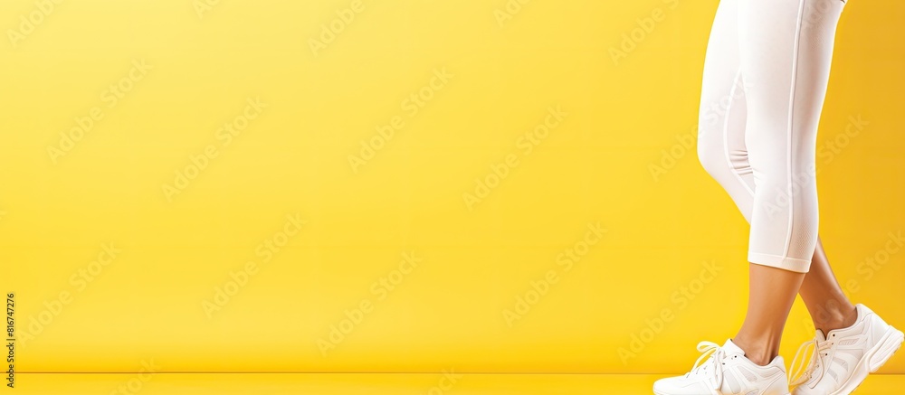 Yellow background with white sneakers dumbbells and a skipping rope ...