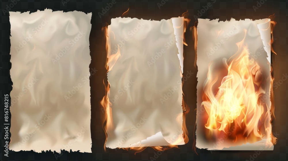 Burning paper sheets isolated on transparent background. Modern ...