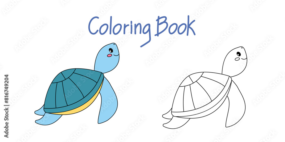 Vector illustration with a cute funny cartoon turtle in a coloring book ...