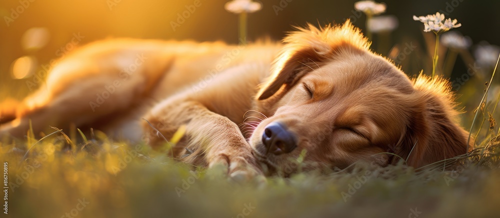 A peaceful orange street dog rests in a meadow with a relaxed posture ...