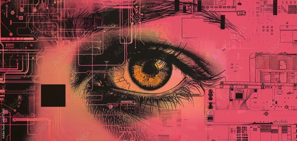 Cyberpunk themed artwork of a detailed human eye with intricate circuit ...