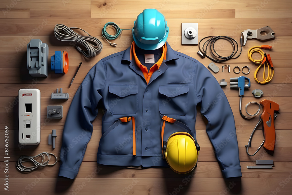 Electrician work uniform items on a wooden background design top view ...