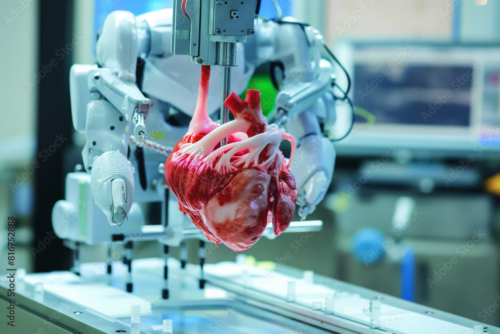 Precision robot arms assembling a 3d-printed synthetic human heart in a ...