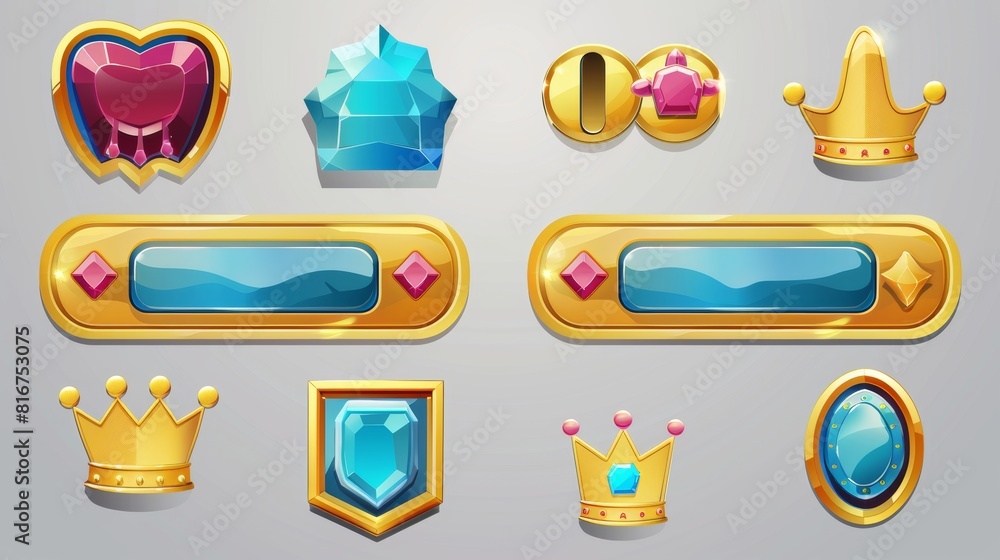 A Cartoon Set Of Medieval Game Button Animations With Crowns A 2d Gold Popup Layout For Mobile
