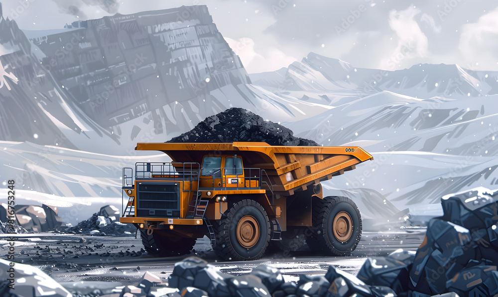 Open pit mine extractive industry for coal. Big yellow mining truck ...