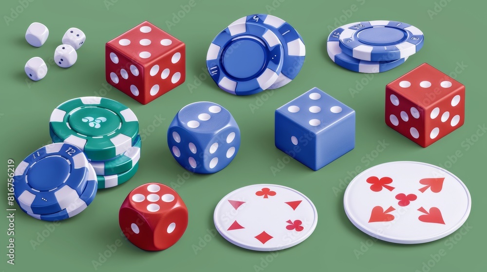 Realistic set of casino dice and chips on green background. Modern ...