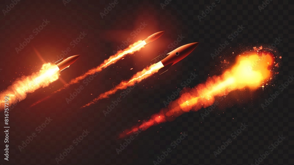 Detailed set of rocket fire trails on transparent background. Modern ...