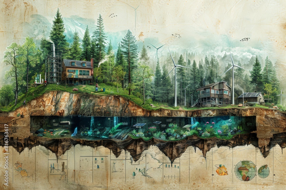 Detailed cross-section of a forest landscape showing above and below ...