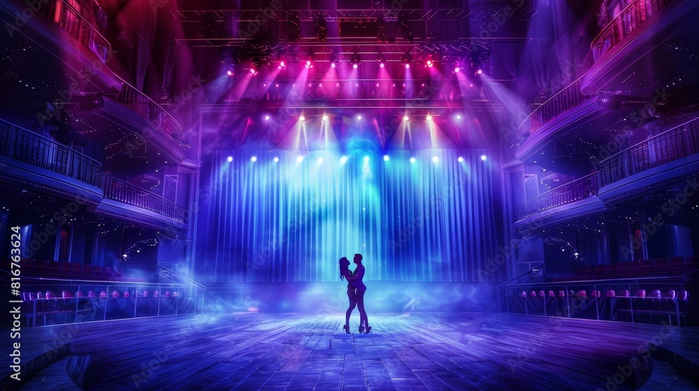 On stage with curtain background, a ballet dancer shows off his skills ...