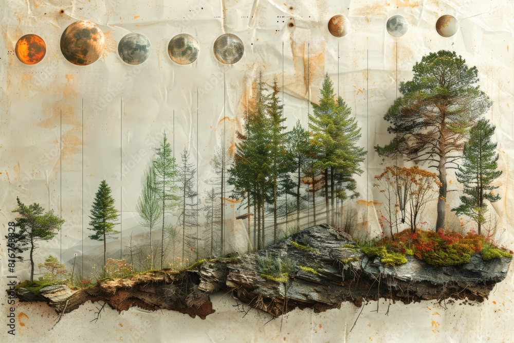 Cross-section of forest floor with various trees and rocky soil. Phases ...