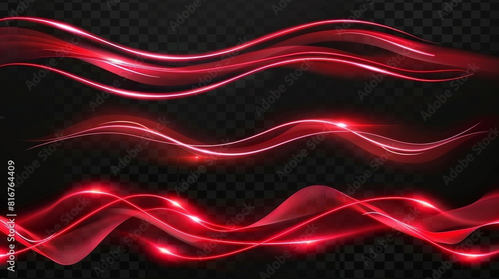 A realistic set of neon red waves isolated on translucent background ...