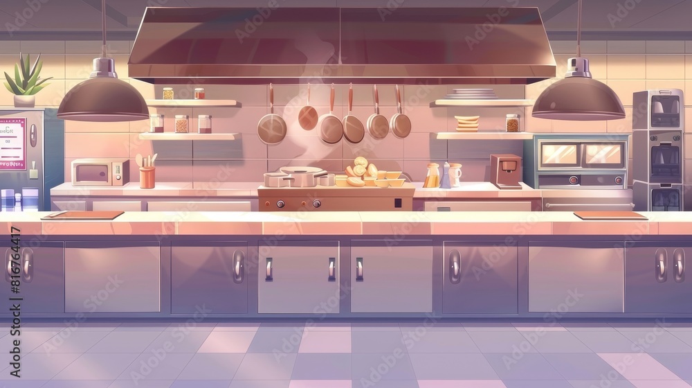 Cartoon illustration of a restaurant kitchen for a chef cook. Modern ...