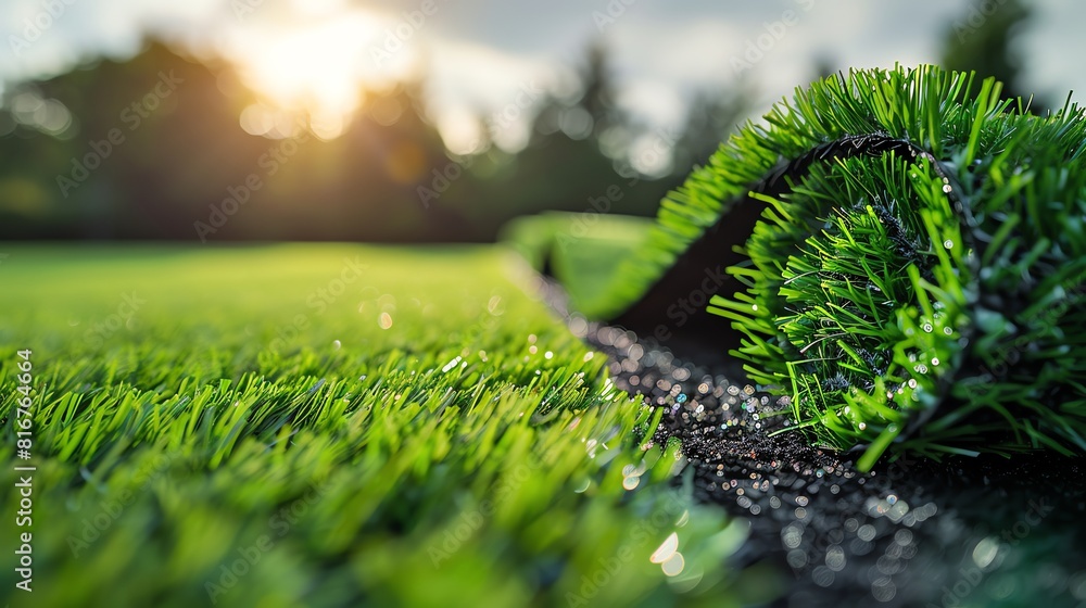 Artificial turf being rolled out, vibrant green strands detailed, crisp ...