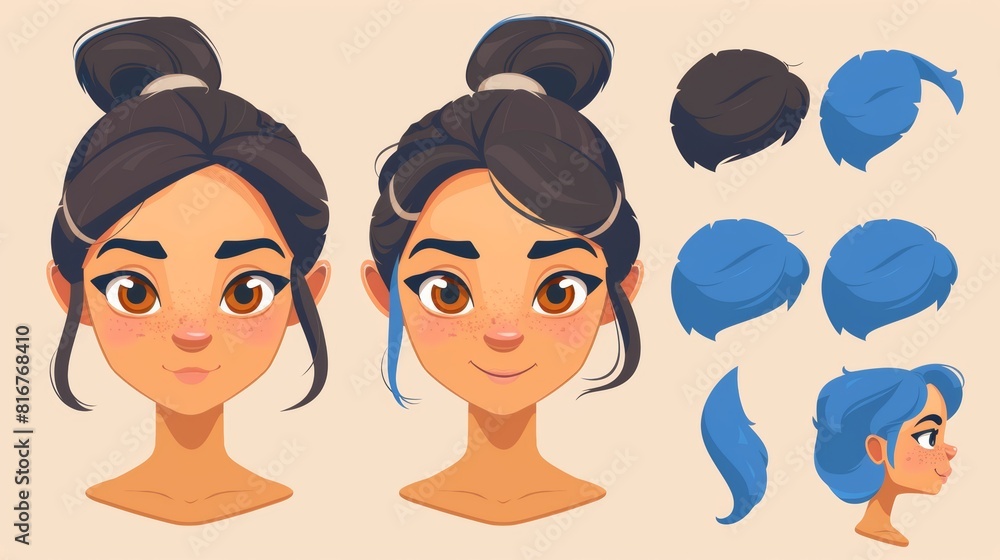 Animation of girls with brunette ponytails or blue Kanekalons ...