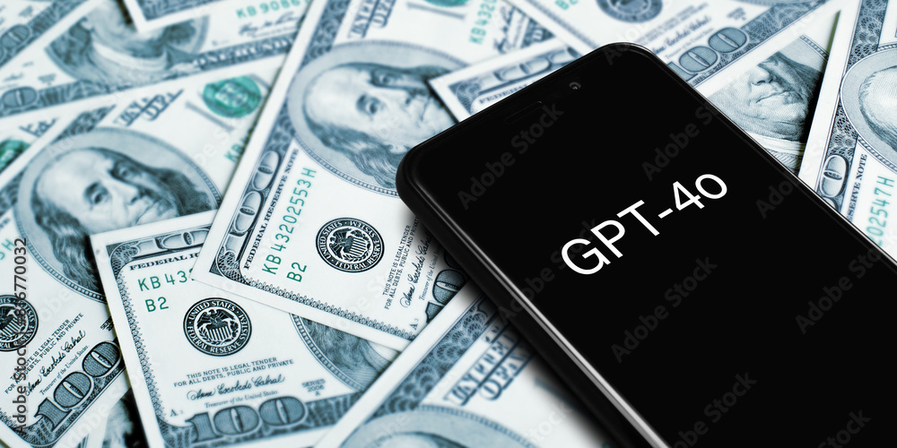 GPT-4o logo on screen smartphone on background of dollars. Announcing ...