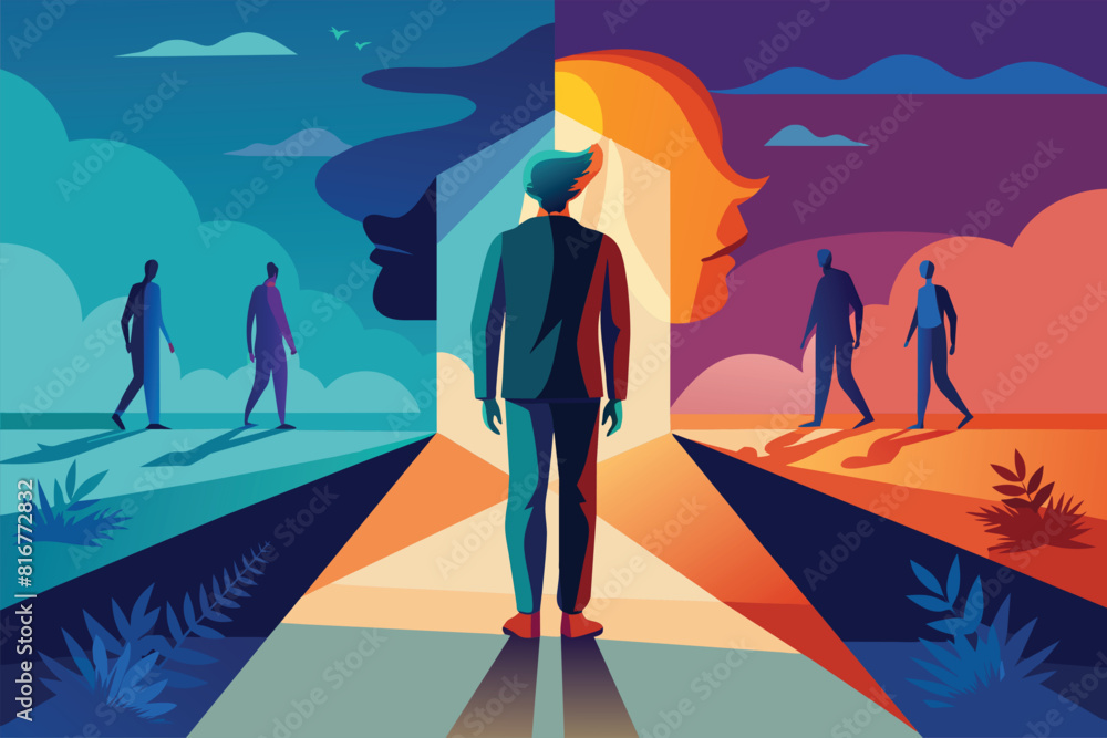 Man between two profile faces with celestial elements, vector cartoon ...