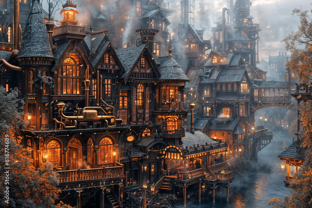 Mystical steampunk town at night, featuring Victorian-inspired ...