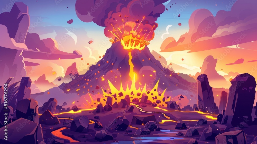 An eruption of volcanic lava in a prehistoric landscape. Colony of ...