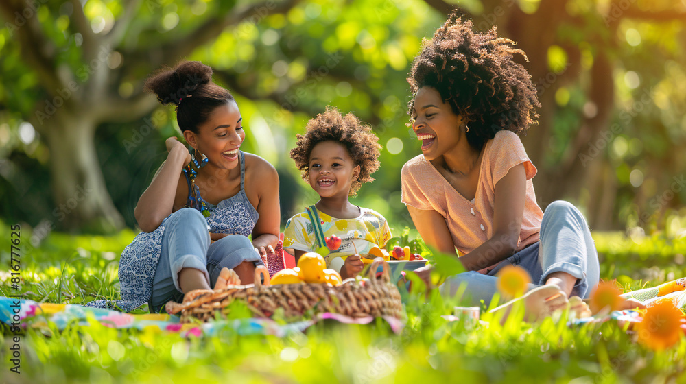 Two mothers laughing and having a picnic with their two children in a ...