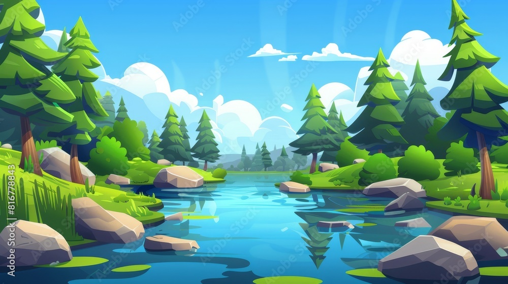 River landscape with green forest. Modern cartoon illustration of ...