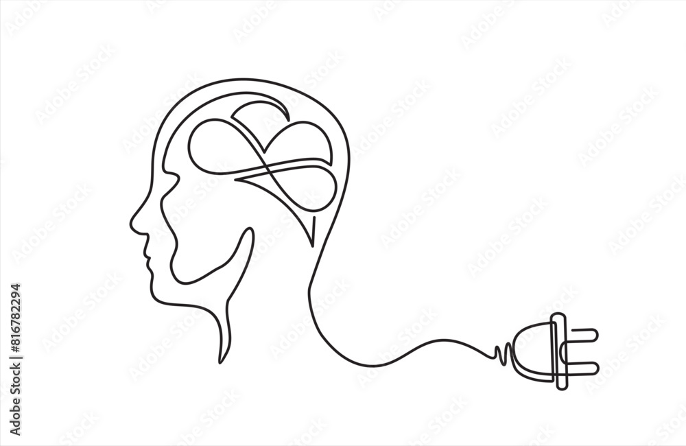 Continuous one line drawing of head person and brain with plug. Concept ...