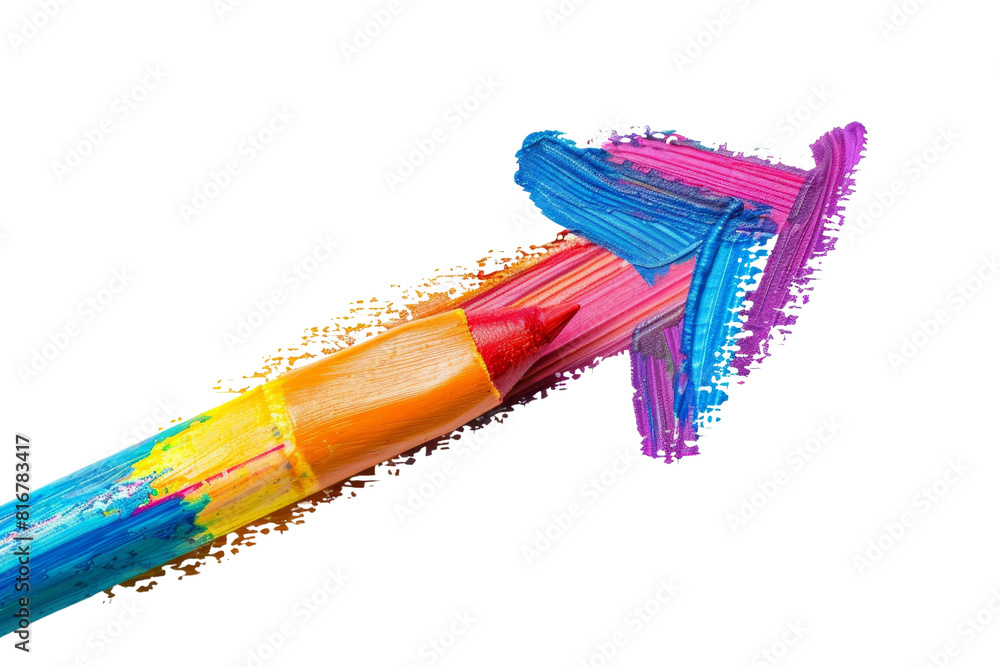 A rainbow colored pencil with a red tip is used to draw a rainbow ...