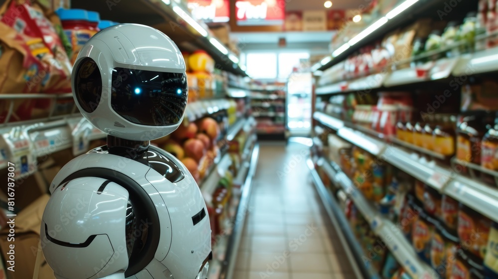 Baglifting robot at a grocery store, close up, retail assistance theme ...